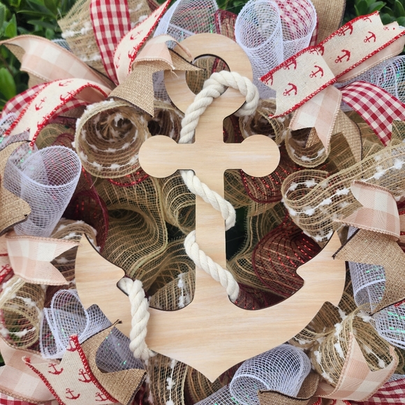 Holiday | Burgundy And Beige Anchor Wreath Nautical Wreath Deco Mesh ...